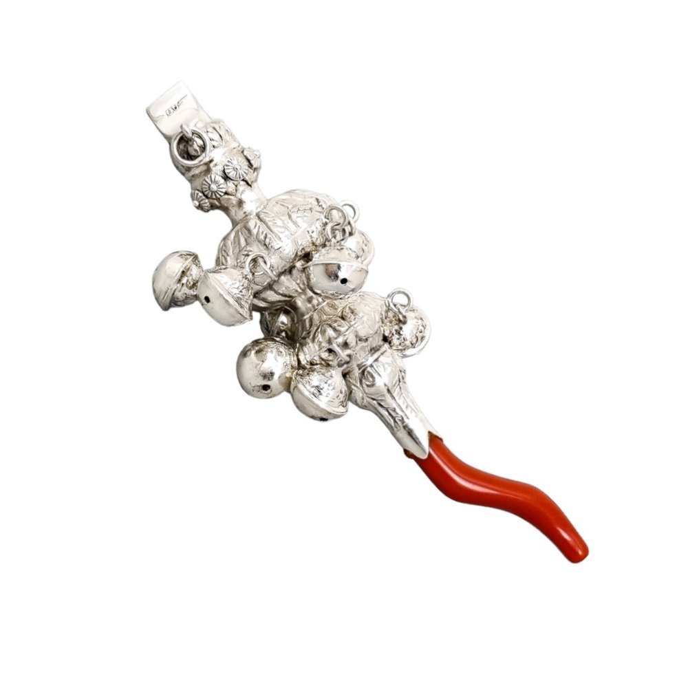 George Unite - Ratel Sterling silver and coral rattle with whistle ...