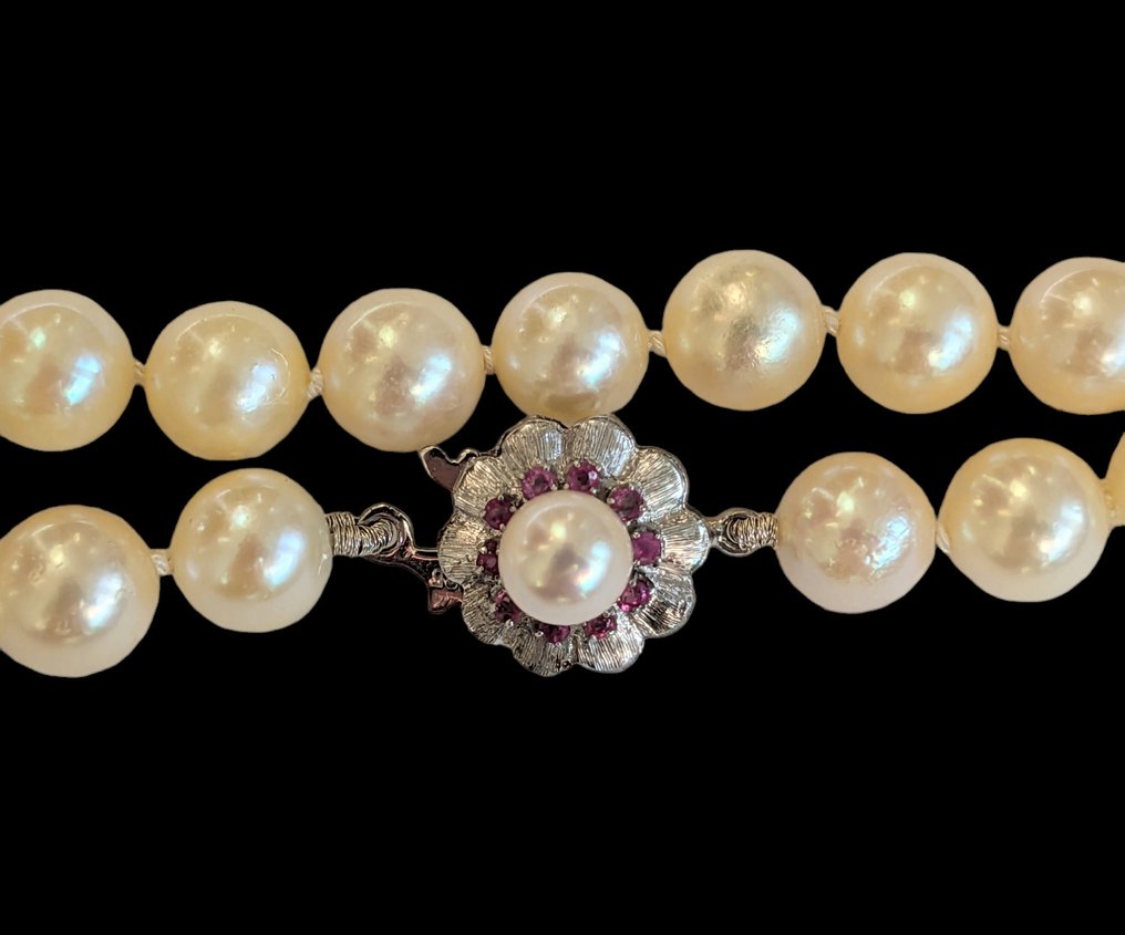 .585 (14 carats) Or - Collier Perle Akoya - Rubis - Catawiki