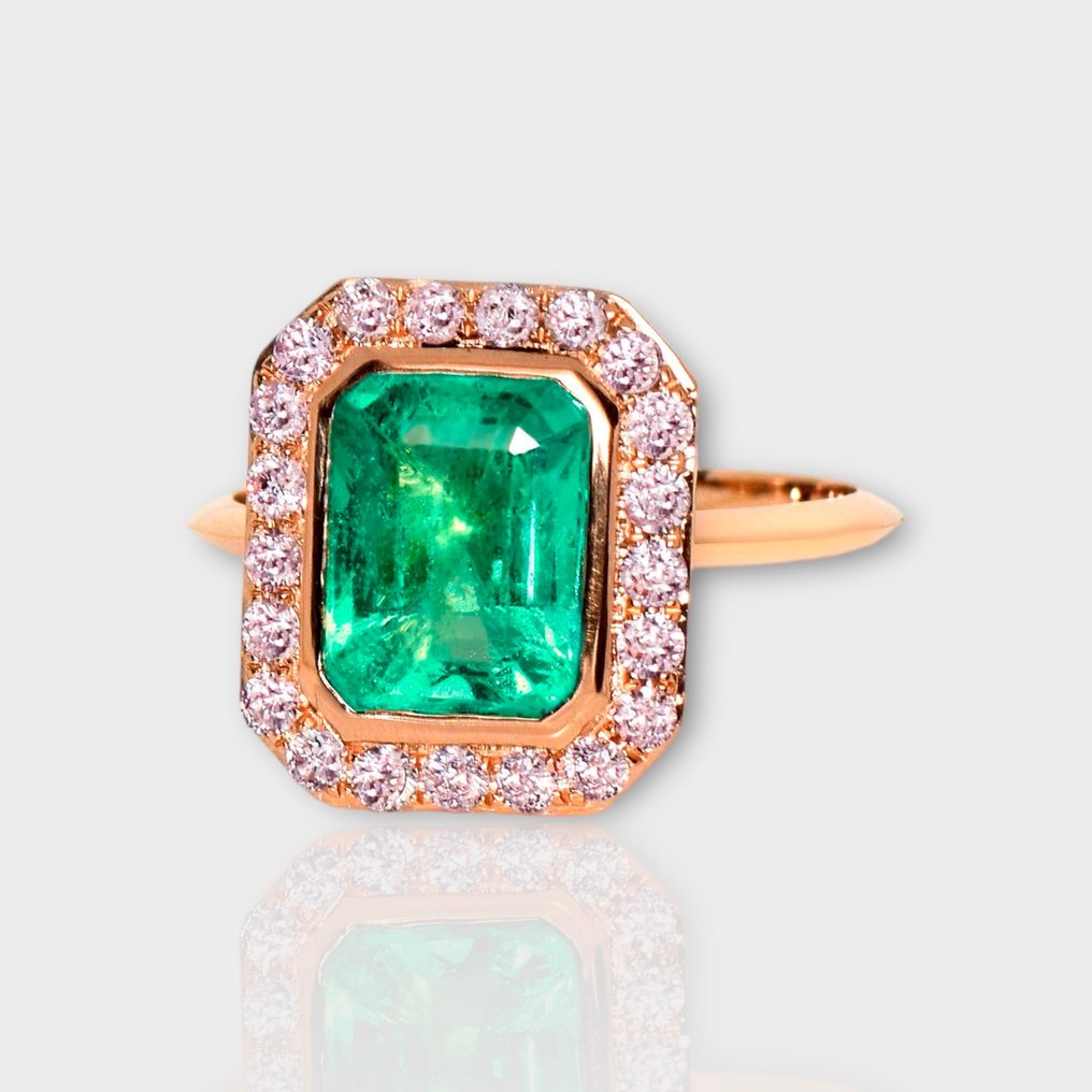 No Reserve- IGI 2.30 ct Natural Bluish Green Emerald and 0.50 ct Pink Diamonds - 14 kt. Pink ...