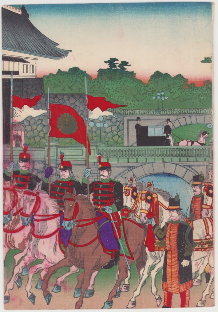 Coach Ride from Nijubashi Bridge 二重橋御出行之図 - Imperial Visit to the Diet - ca 1880-90s (Meiji ...