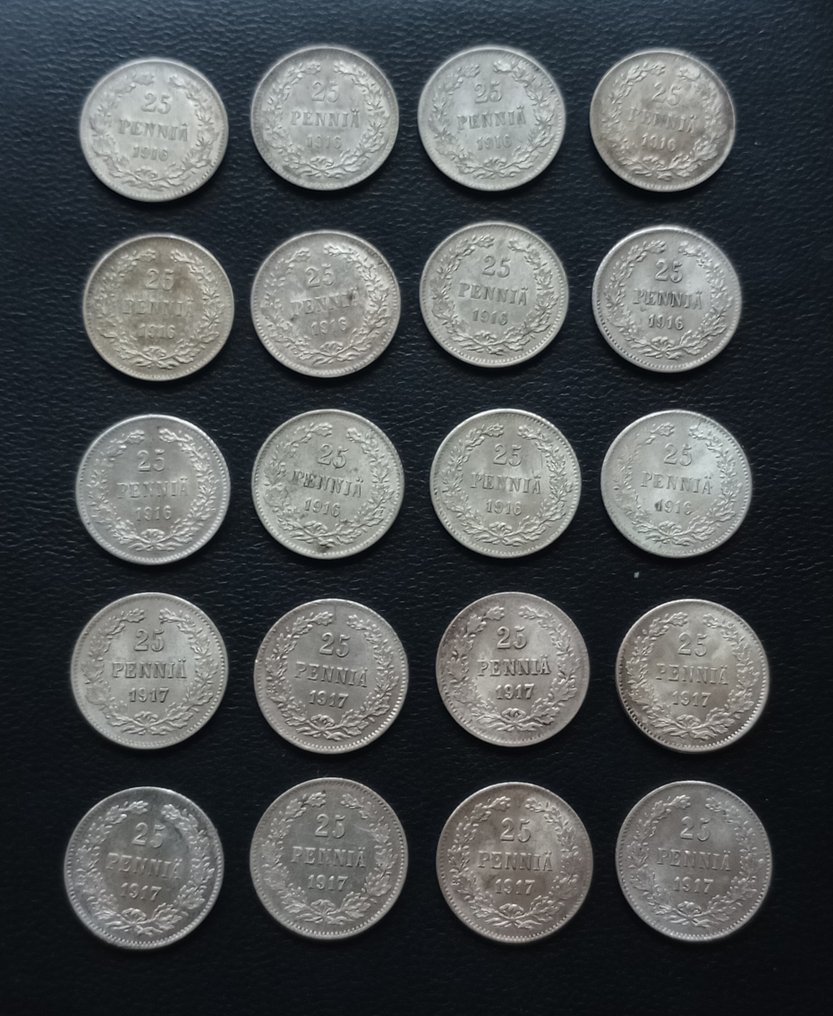 Finlande, Russie. Nicholas II (1894-1917). Lot of 20 x 25 Penniä 1916 & 1917 S - Catawiki