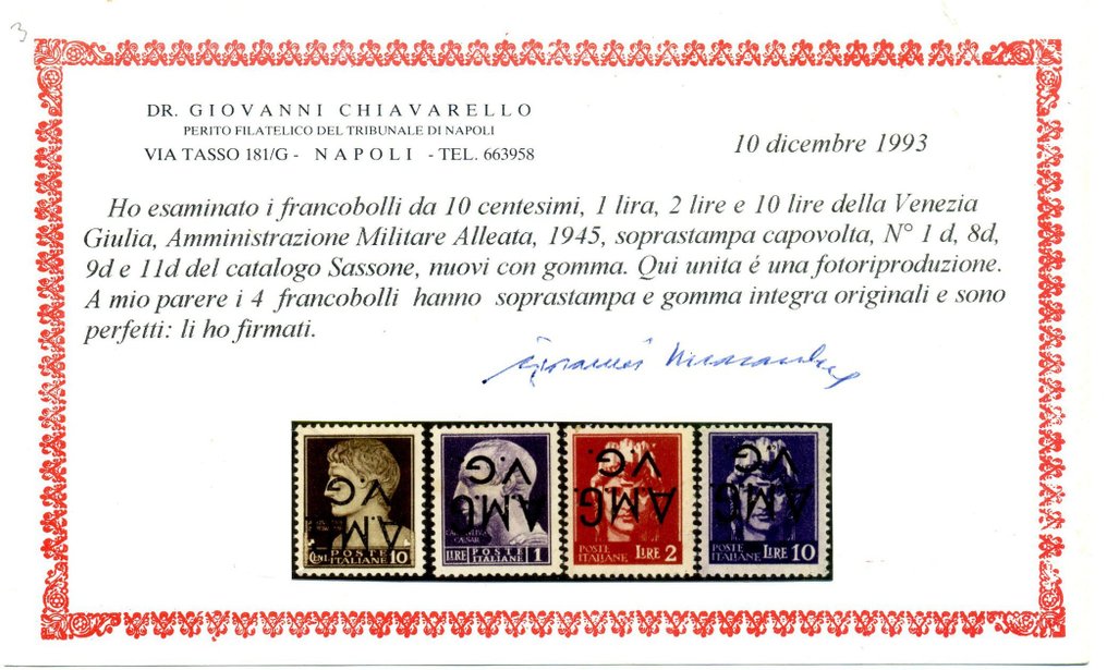 Triest Venezia Giulia 1947 Imperial 4 Values With Reversed Overprint Certificates