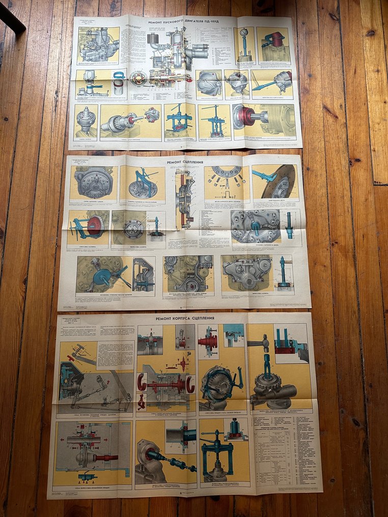 N/A - Lot of 3 Engines Technical Drawing Poster Mechanics - 1980s ...