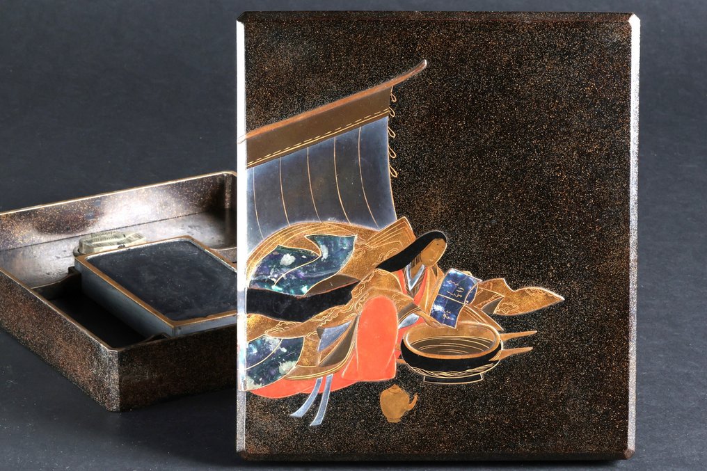 Woman in Jūnihitoe Mother-of-Pearl Inlay Suzuribako Inkstone Box with Original Wooden Box ...