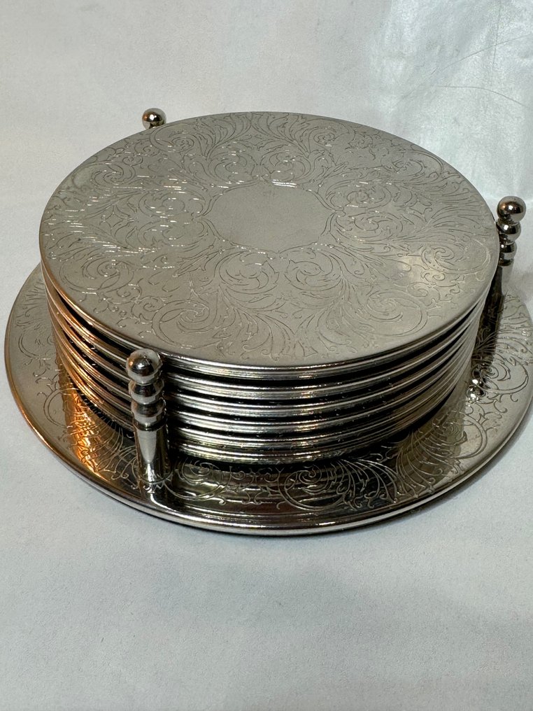 Six Silver plated Coasters with Holder with original Box - Dinner set ...