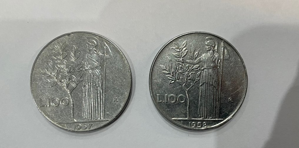 Italië, Italiaanse Republiek. 100 Lire 1957/1958 (2 monete) - Catawiki