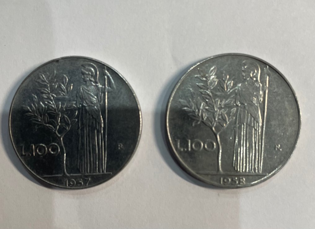 Italië, Italiaanse Republiek. 100 Lire 1957/1958 (2 monete) - Catawiki