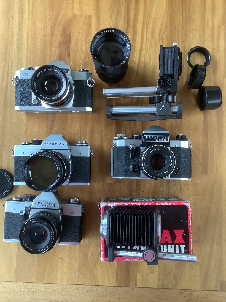 Praktica Super TL - Super TL2 - L - Chinon CS + 5 lenzen + 2 x Bellows ...