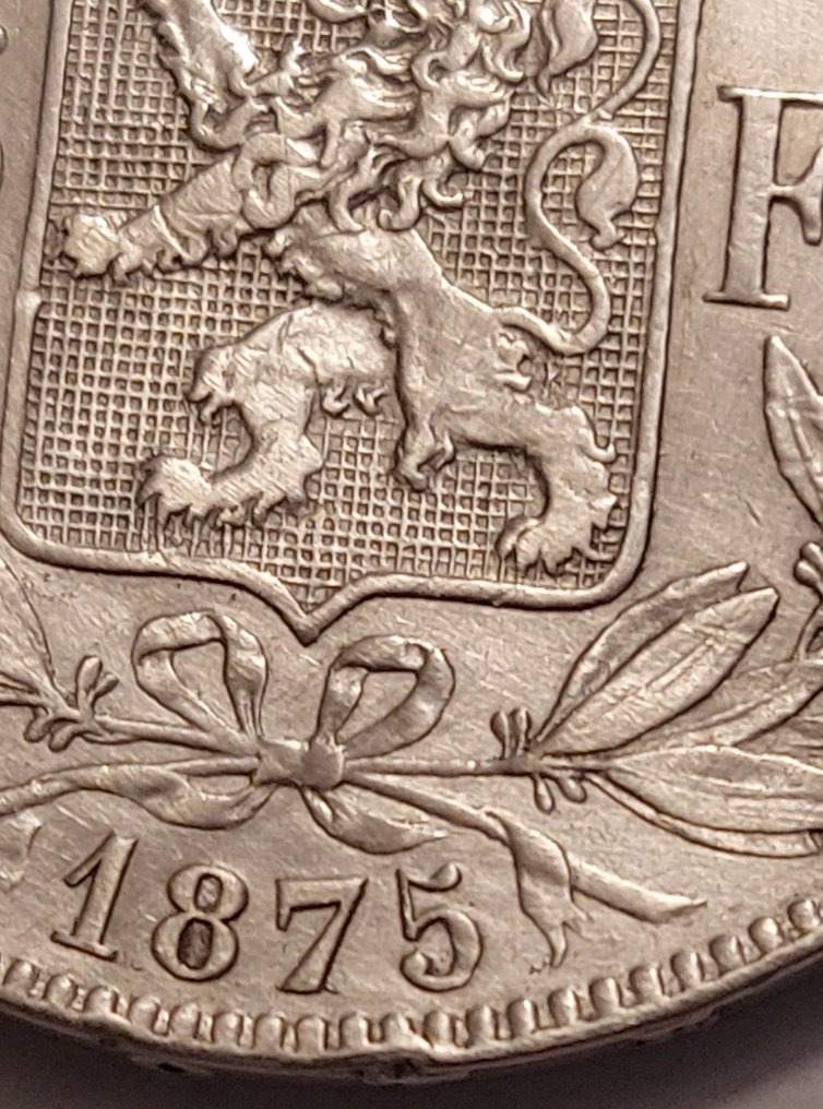 Belgium, Italy, 5 francs Lepoldo II Roi 1875 and 5 Lire Vittorio Emanuele M BN 1872. Leopoldo II ...