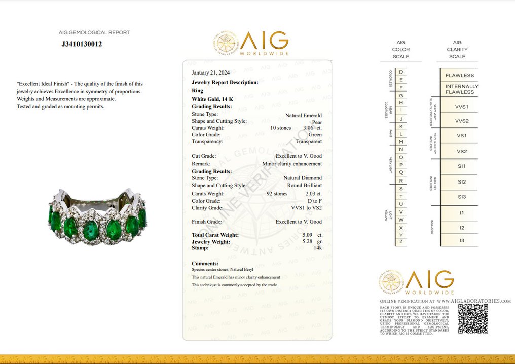 5.09 CRT D-F -VVS1-VS2 5.28 GR Certified AIG - 14 K Ouro branco - Anel Diamante - Esmeraldas ...