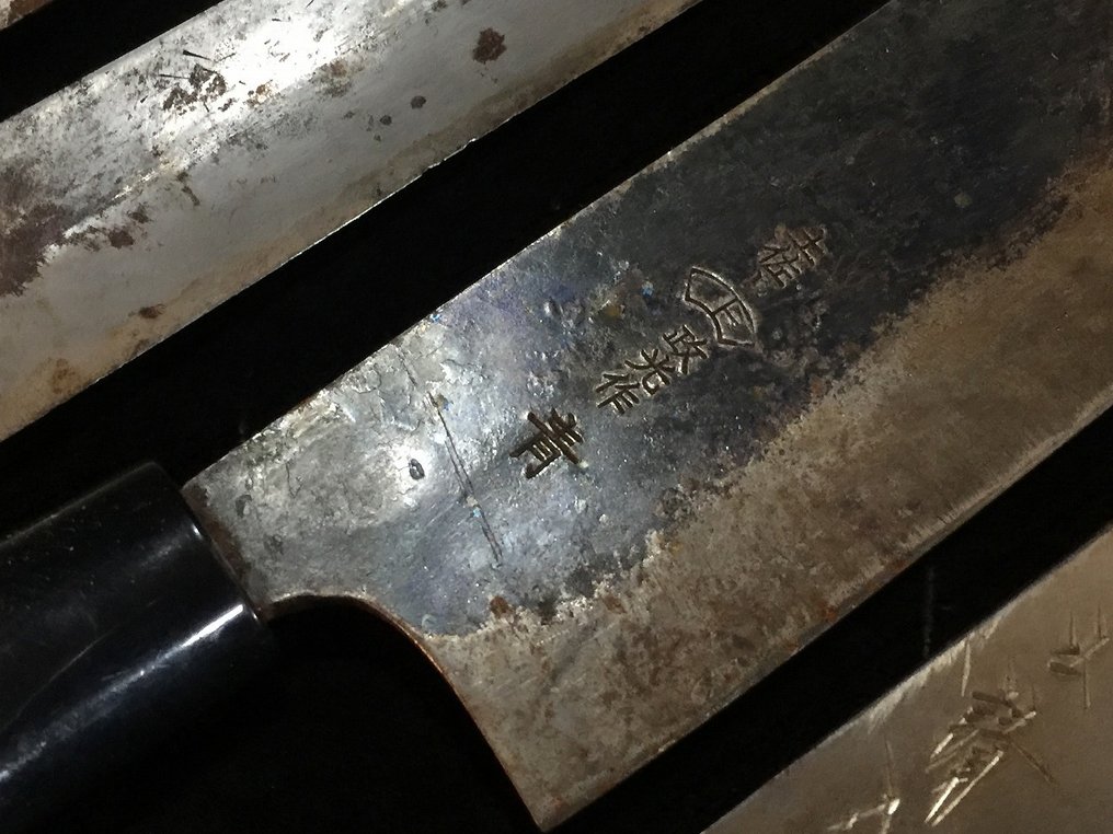 Set of 4 / Japanese Vintage Kitchen Knife / 出刃 DEBA 菜切 NAKIRI 柳刃 YANAGIBA Signed 富丸 TOMIMARU ...