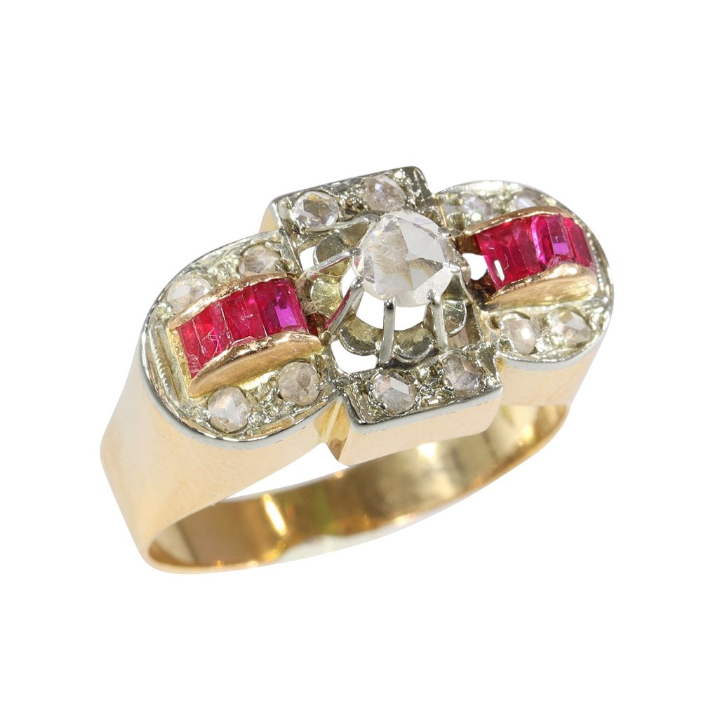 Free resizing*, Vintage 1950's Retro Fifties Ring - Rose gold, White gold Ruby - Diamond - Catawiki