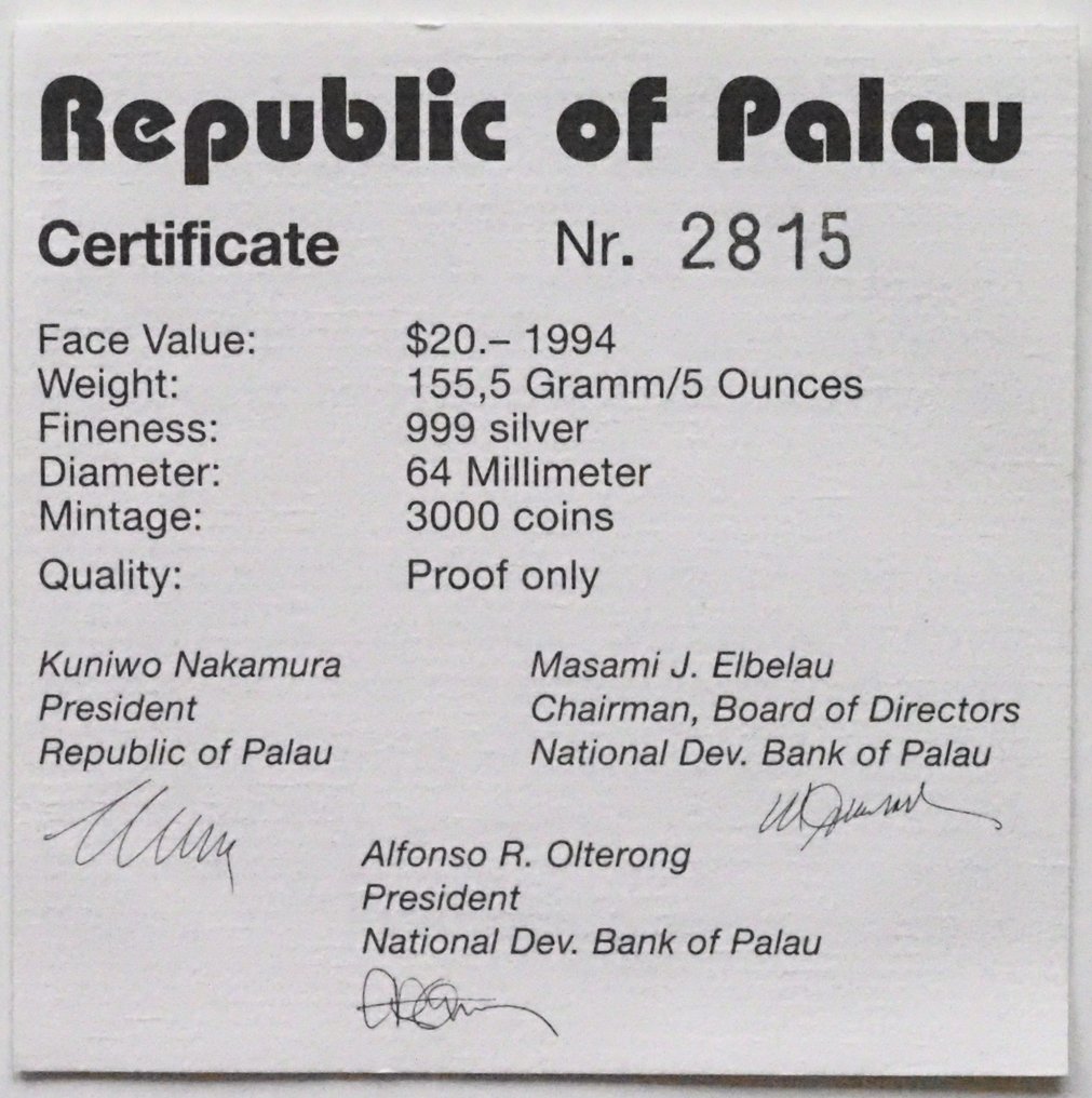 Palau. 20 Dollars 1994 Marine-Life Protection, 5 Oz (.999) - Catawiki