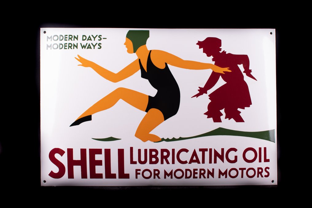 Sign - Shell - XL Enamel sign; "lubricating oil for MODERN motors ...